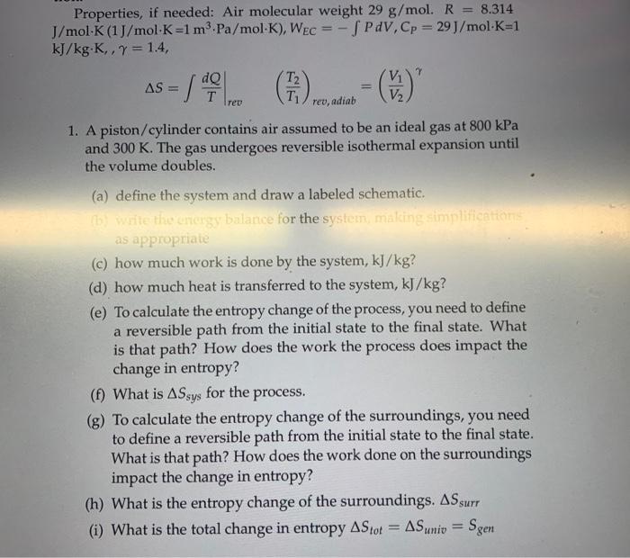 Solved Properties, if needed: Air molecular weight 29 g/mol. | Chegg.com