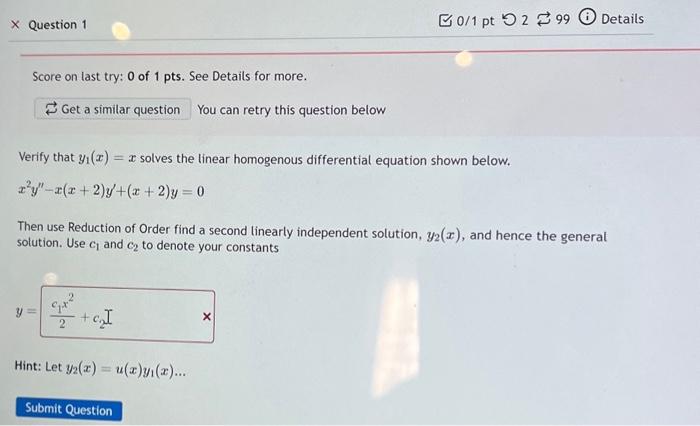 Solved Verify that y1(x)=x solves the linear homogenous | Chegg.com