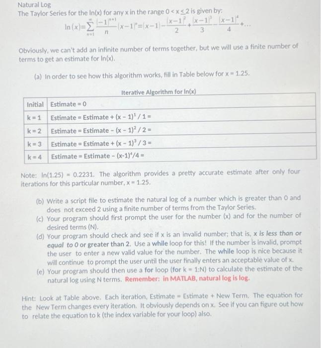 Solved Natural Log The Taylor Series for the ln(x) for any x | Chegg.com