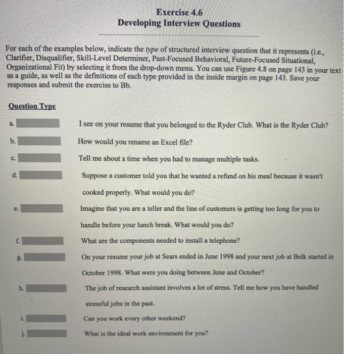 Solved Exercise 4.6 Developing Interview Questions For each | Chegg.com