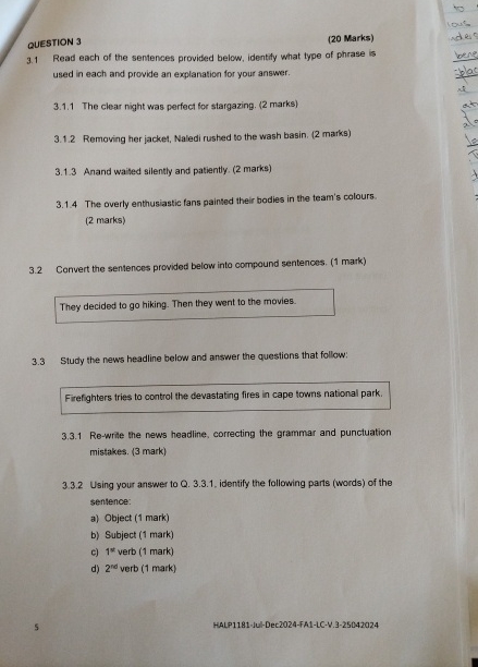 Solved QUESTION 3(20 ﻿Marks)3.1 ﻿Read each of the sentences | Chegg.com