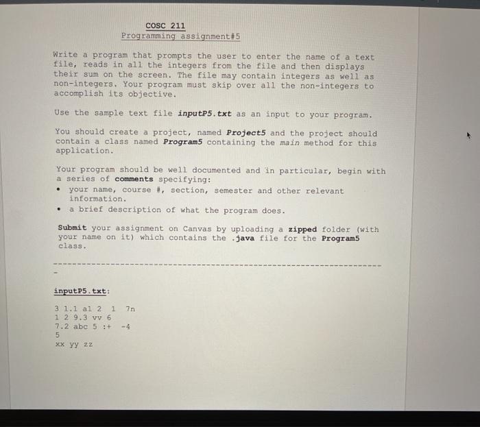 Solved COSC 211 Programming assignment: 5 Write a program | Chegg.com