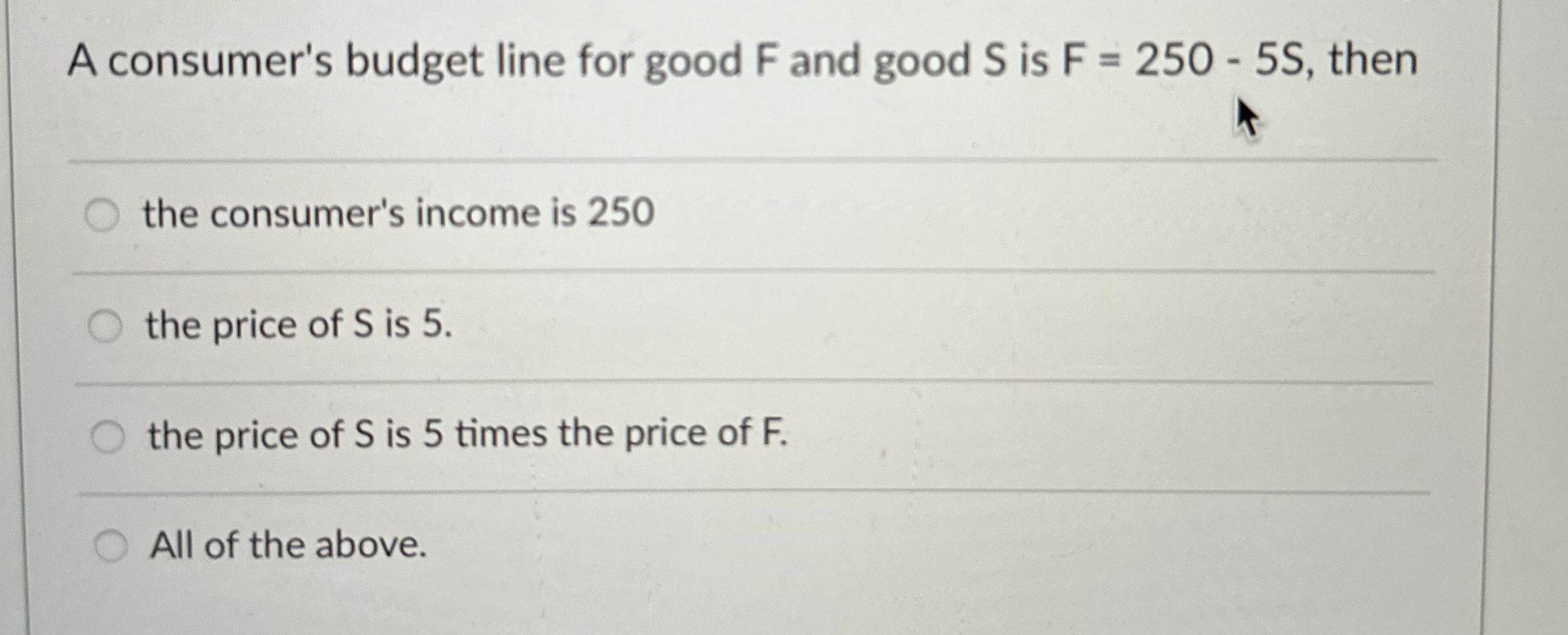 Solved A consumer's budget line for good F ﻿and good S ﻿is | Chegg.com
