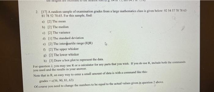 Solved 2. [17] A random sample of examination grades from a | Chegg.com