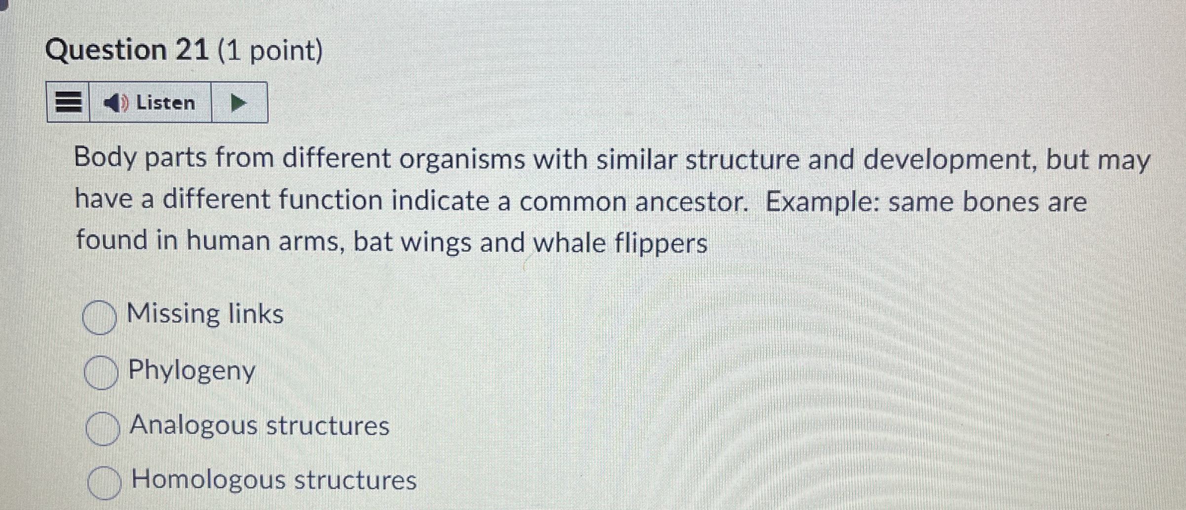 Solved Question 21 (1 ﻿point)Body parts from different | Chegg.com