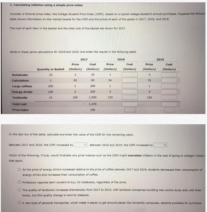 Solved 1. Calculating inflation using a simple price index | Chegg.com