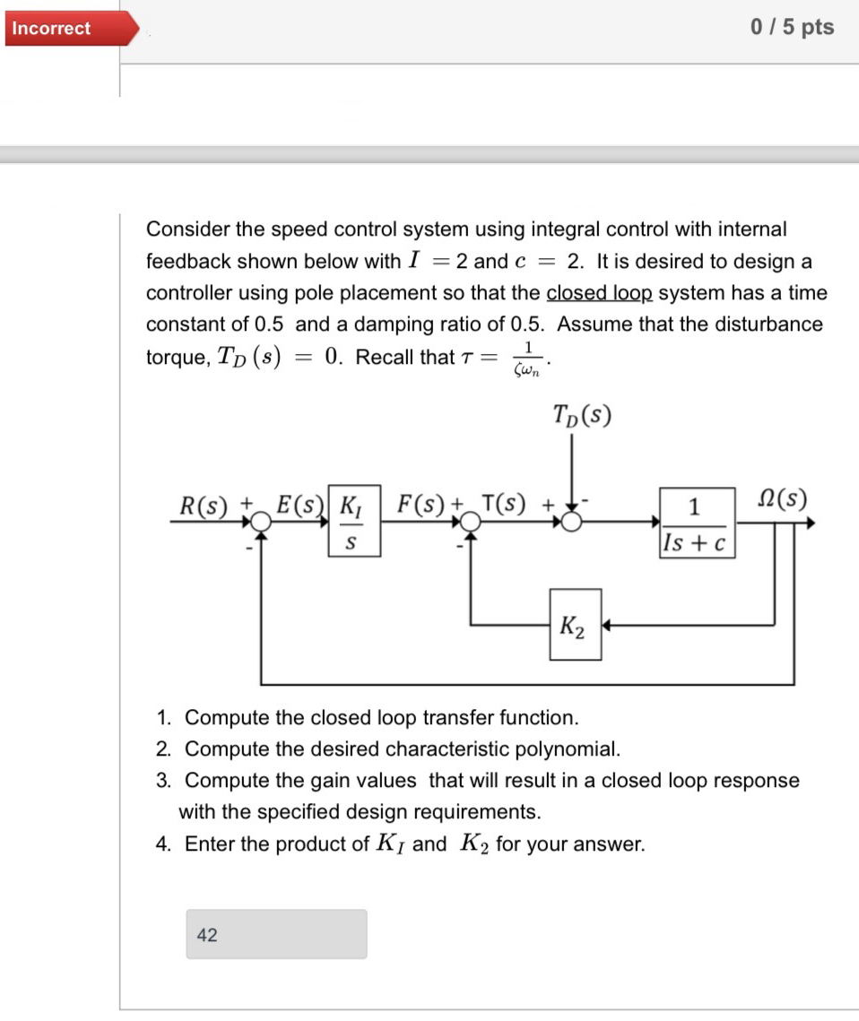 Solved Incorrect0 / 5 ﻿ptsConsider the speed control system | Chegg.com