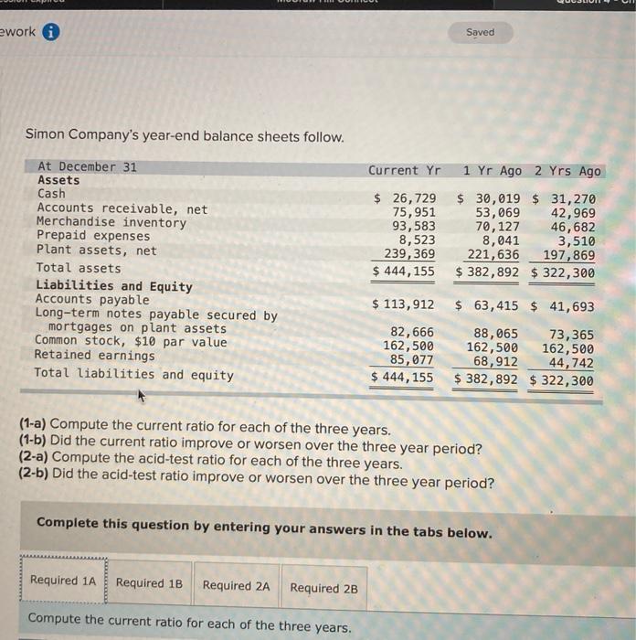 Solved ework Saved Simon Company's year-end balance sheets | Chegg.com