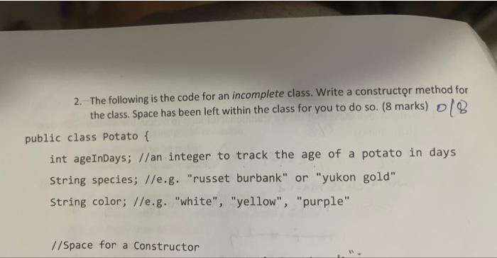 Solved 2. The following is the code for an incomplete class. | Chegg.com