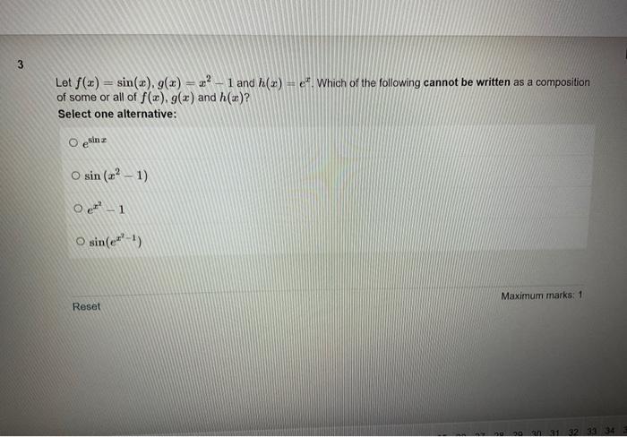 Solved Let f(x)=sin(x),g(x)=x2−1 and h(x)=ex. Which of the | Chegg.com
