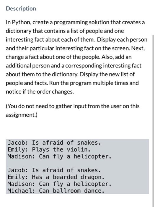Solved Description In Python, create a programming solution | Chegg.com