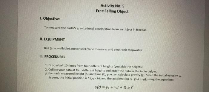 Solved Activity No. 5 Free Falling Object 1. Objective: To | Chegg.com