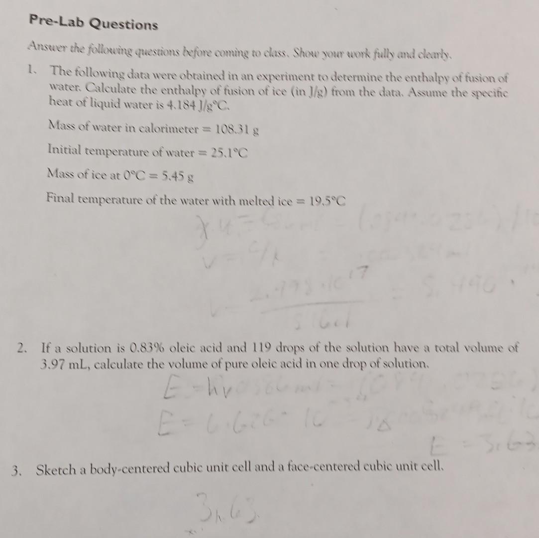 Solved Pre-Lab Questions 1. The following data were obtained | Chegg.com