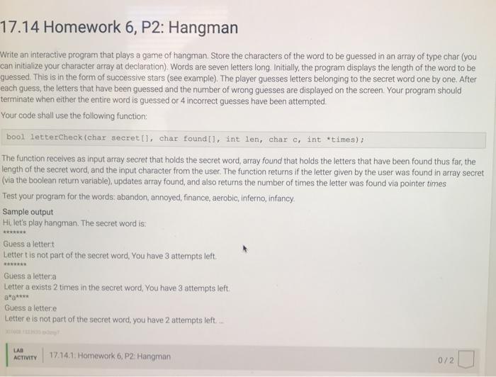 Solved 17.14 Homework 6, P2: Hangman Write an interactive | Chegg.com