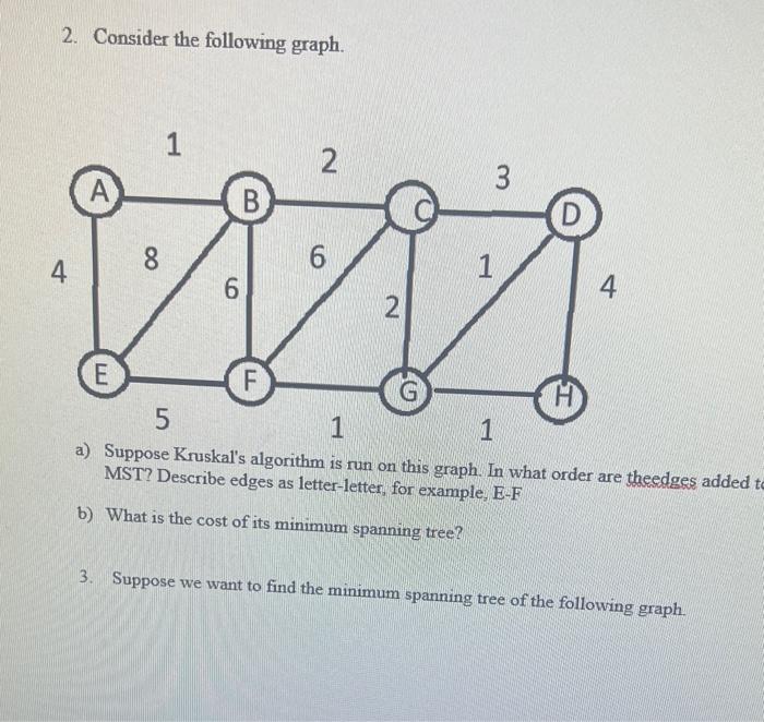 Solved 2. Consider the following graph. a) Suppose Kruskal's | Chegg.com