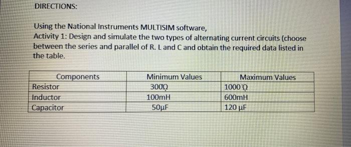 Solved DIRECTIONS: Using the National Instruments MULTISIM | Chegg.com