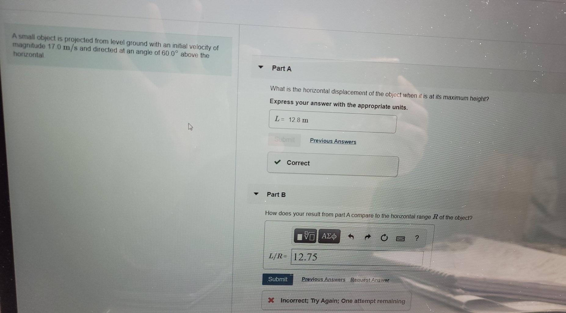 Solved A small object is projected from level ground with an | Chegg.com