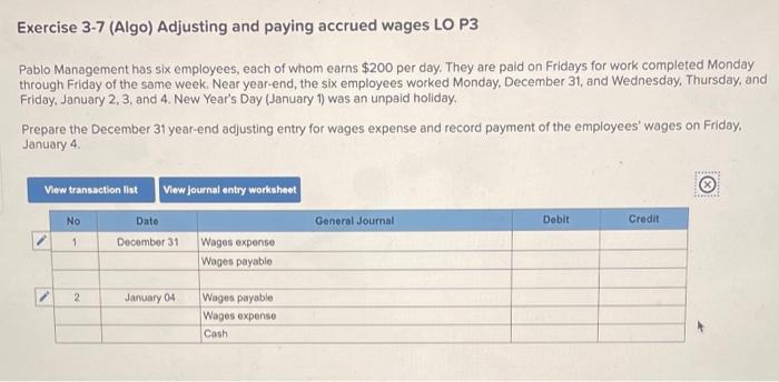 Solved Exercise 3-7 (Algo) Adjusting and paying accrued | Chegg.com