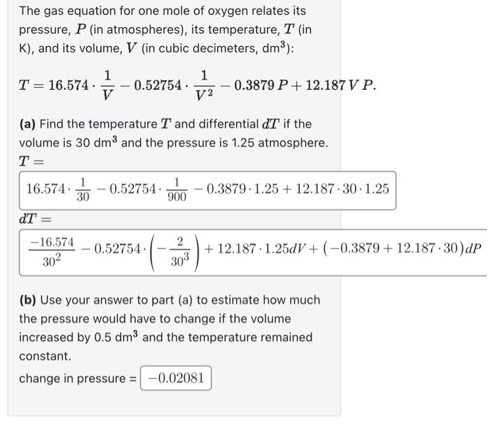 Solved The gas equation for one mole of oxygen relates its | Chegg.com