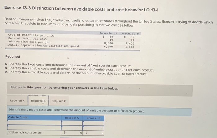 Solved Exercise 13-3 Distinction between avoidable costs and | Chegg.com