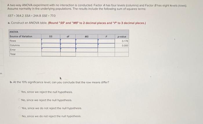 Solved A two-way ANOVA experiment with no interaction is | Chegg.com