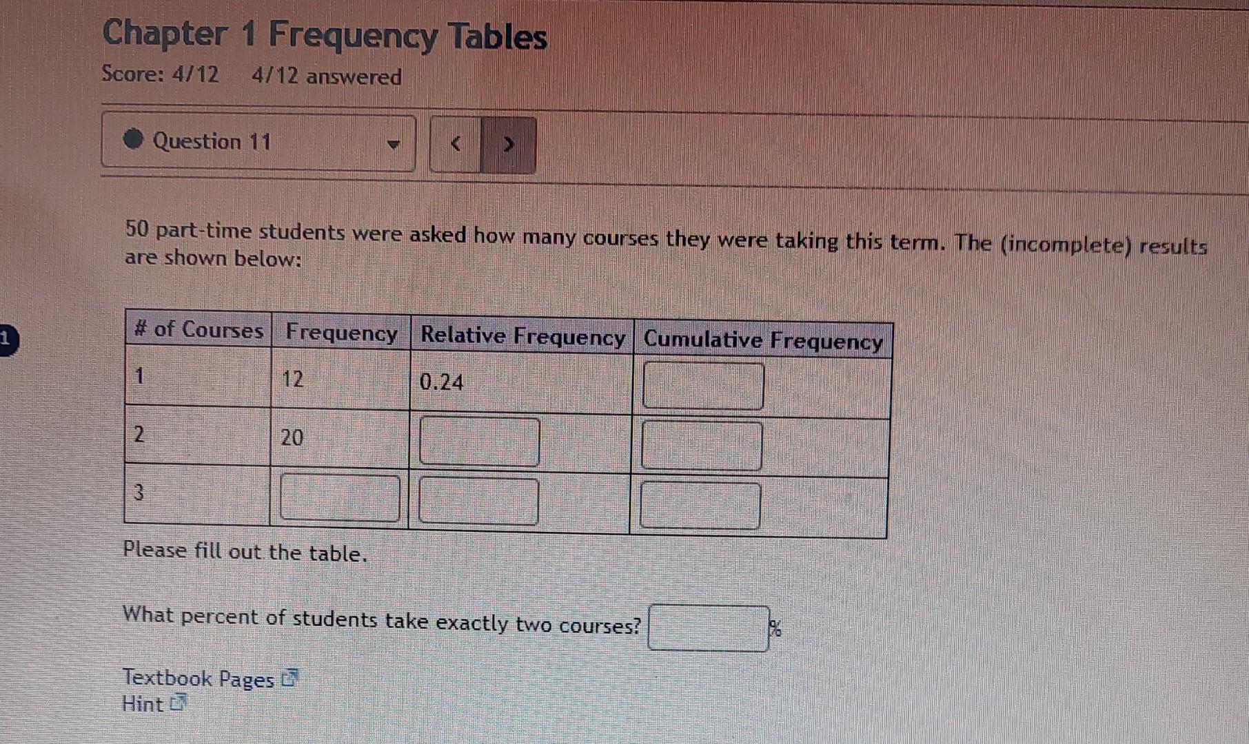 Solved Chapter 1 Frequency Tables Score: 4/124/12 answered | Chegg.com