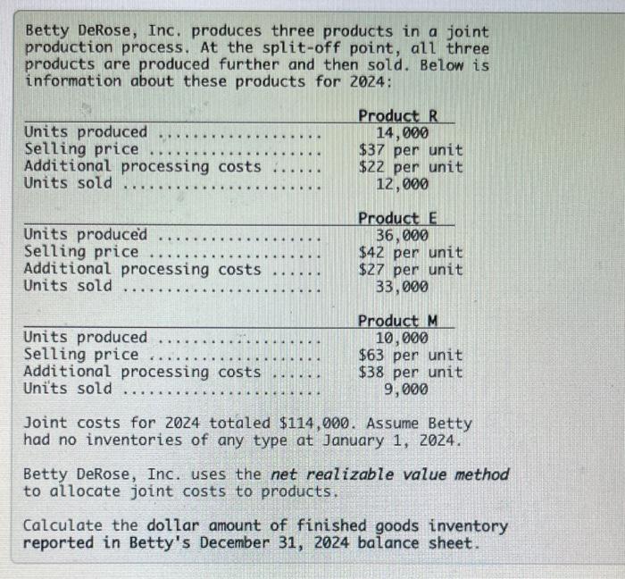 Solved Betty DeRose, Inc. produces three products in a joint | Chegg.com