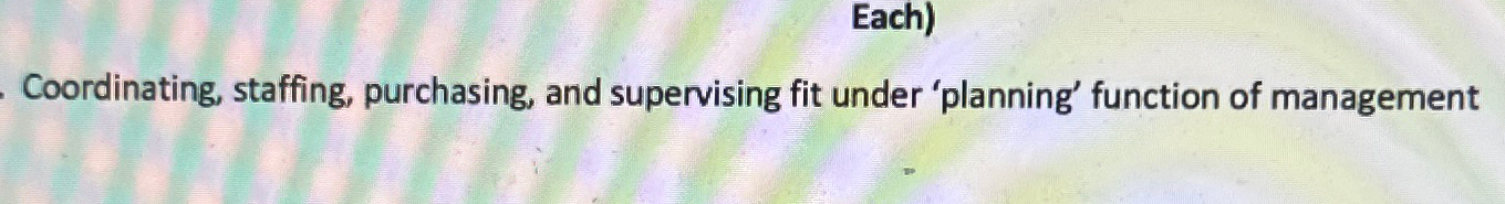 Solved Coordinating, staffing, purchasing, and supervising | Chegg.com