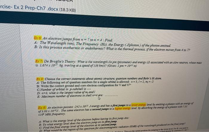 Solved Ex 6 An Electron Jumps From N 7 To N 4 Find A The