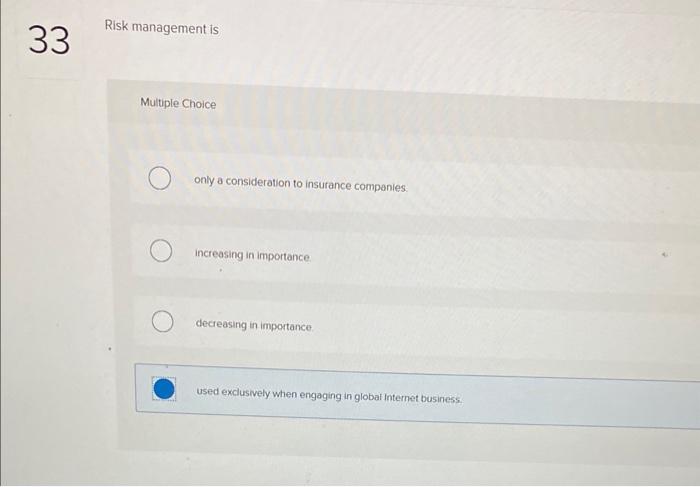 Solved Risk management is Multiple Choice only a | Chegg.com