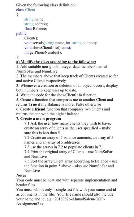 Solved Given the following class definition: class Client | Chegg.com