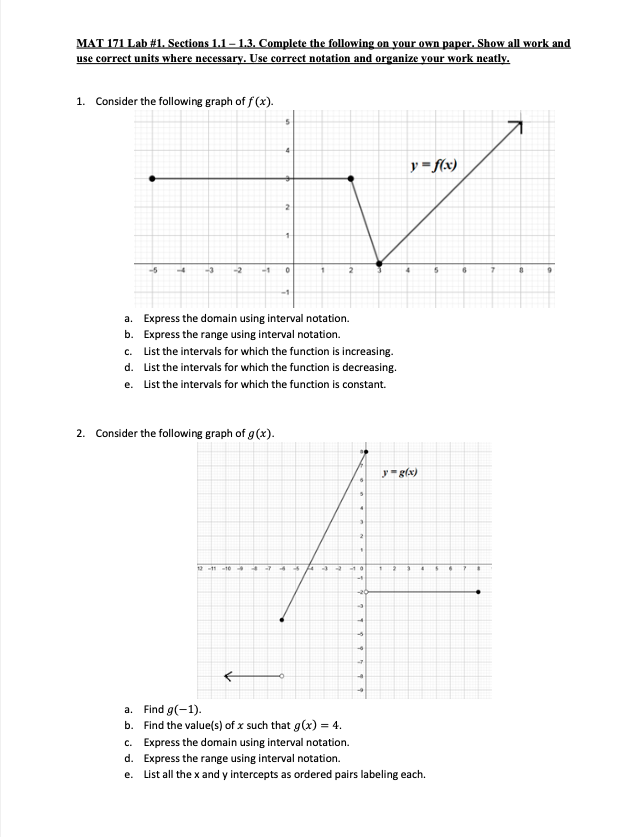 Solved MAT 171 ﻿Lab #1. ﻿Sections 1.1 - 1.3. ﻿Complete the | Chegg.com
