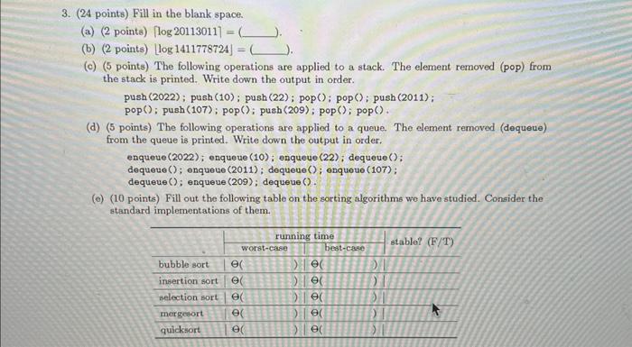 Solved 3. (24 points) Fill in the blank space. (a) (2 | Chegg.com