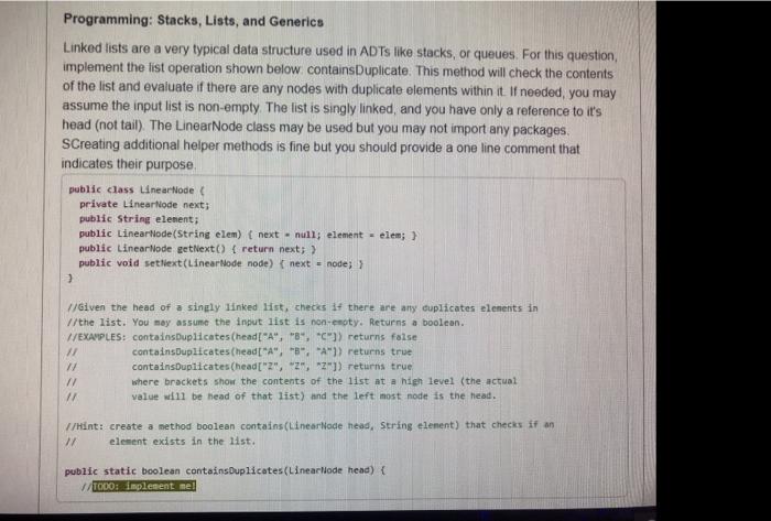 Solved Programming: Stacks, Lists, and Generics Linked lists | Chegg.com