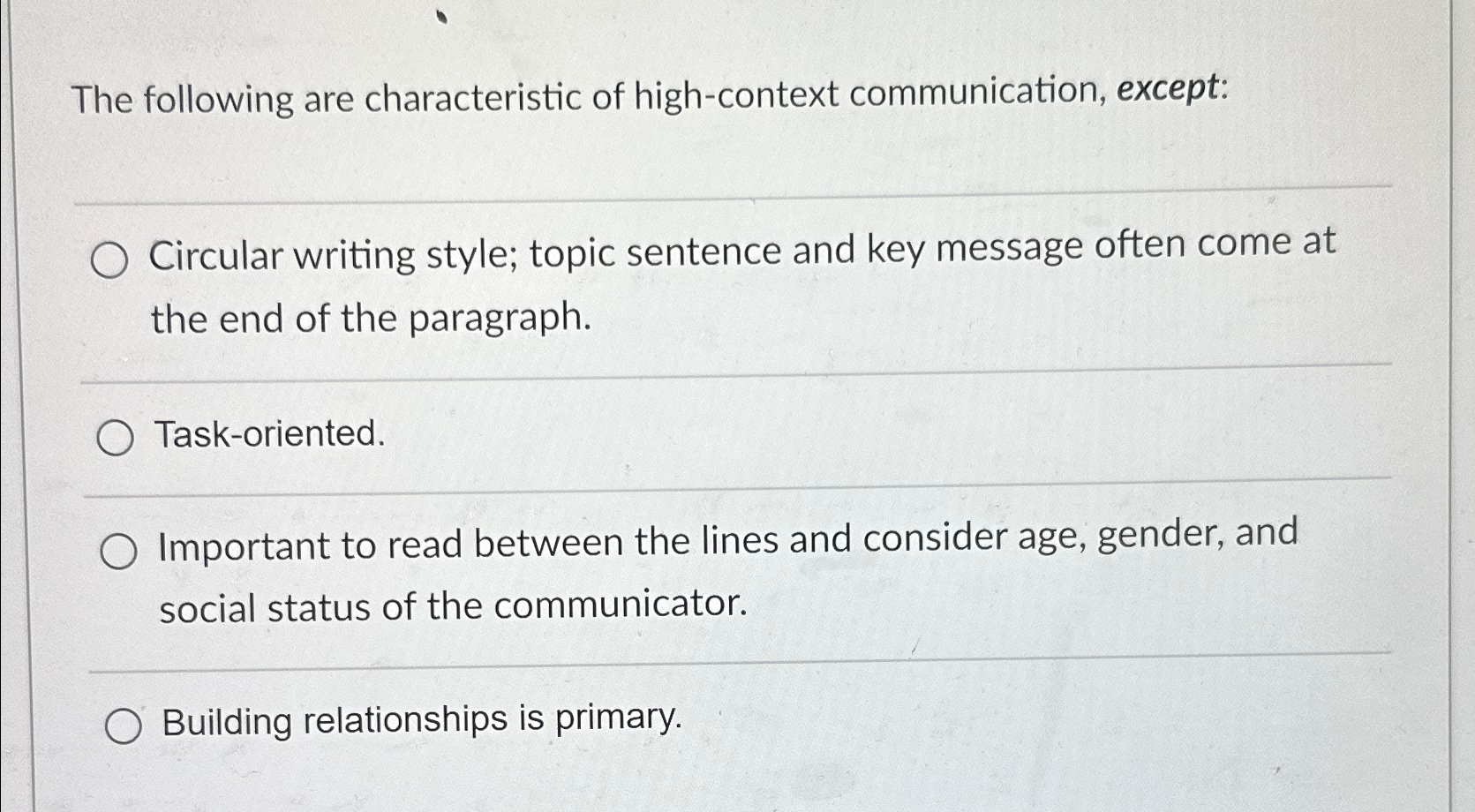 Solved The following are characteristic of high-context | Chegg.com