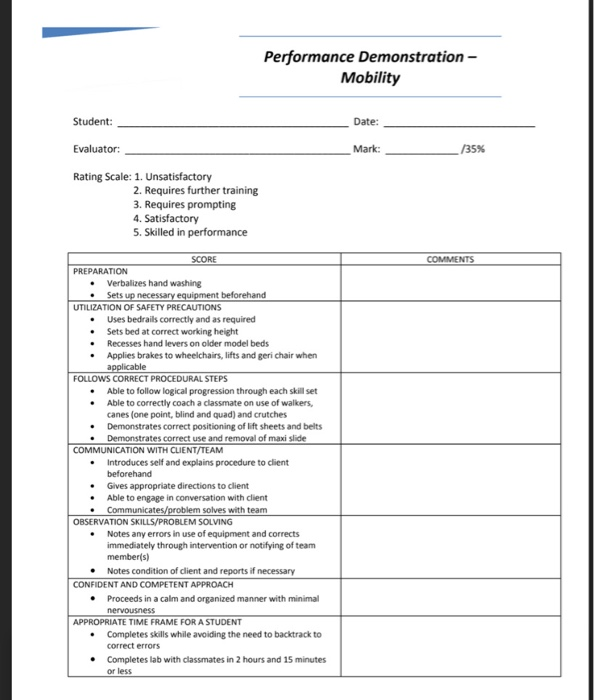 Performance Demonstration - Mobility Date: Mark: /35% | Chegg.com