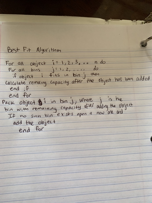 Solved Algorithm Best Fit For all object ; : 1, 2, 3 ..... n | Chegg.com