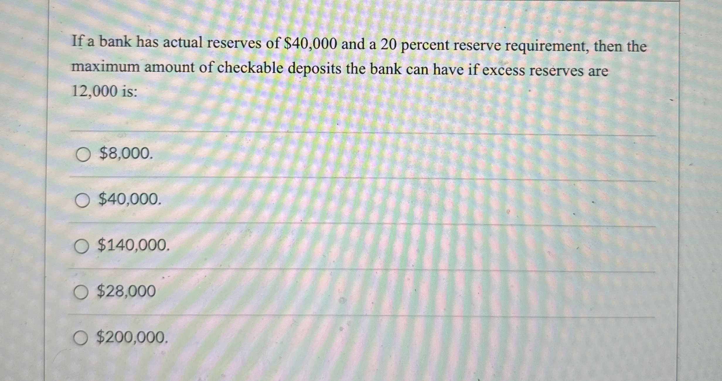 Solved If a bank has actual reserves of $40,000 ﻿and a 20 | Chegg.com