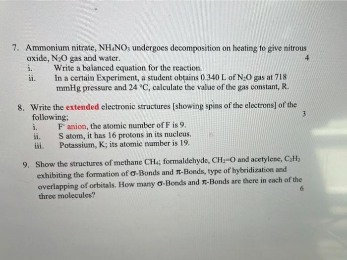 Solved 7. Ammonium nitrate, NH.NO: undergoes decomposition | Chegg.com