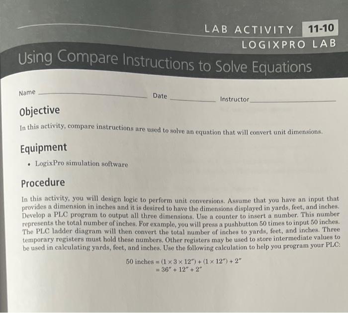 Solved LAB ACTIVITY 11-10 LOGIXPRO LAB Using Compare | Chegg.com