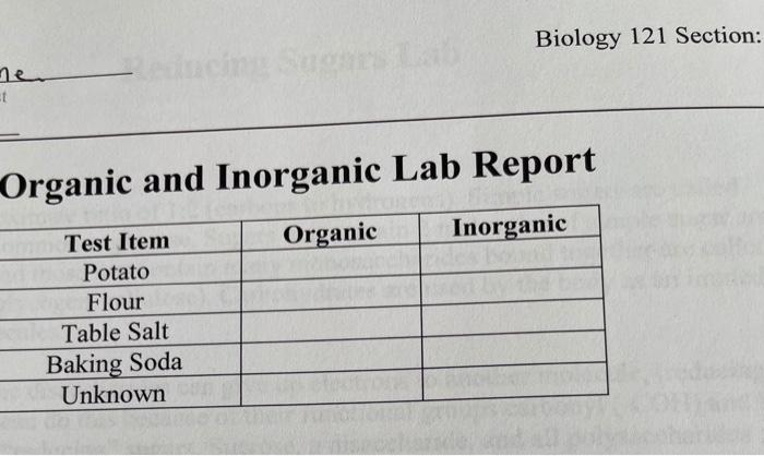 Solved Biology 121 Section: nen Et Organic and Inorganic Lab | Chegg.com