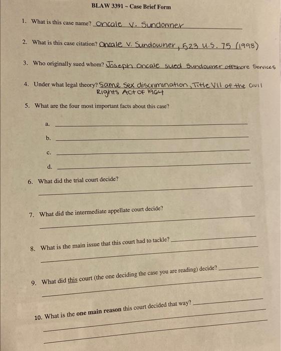1. What is this case name? oncale V. Sundorner 2. | Chegg.com