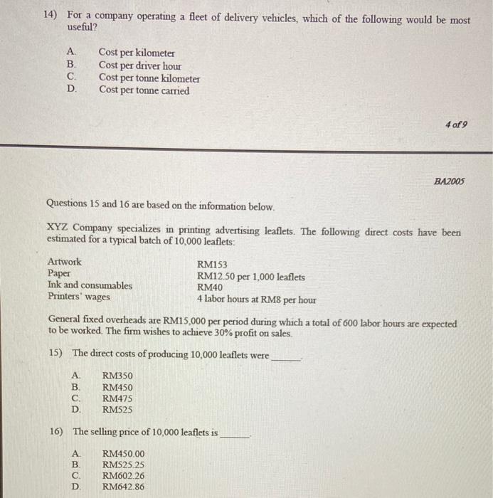 Solved 14) For a company operating a fleet of delivery | Chegg.com
