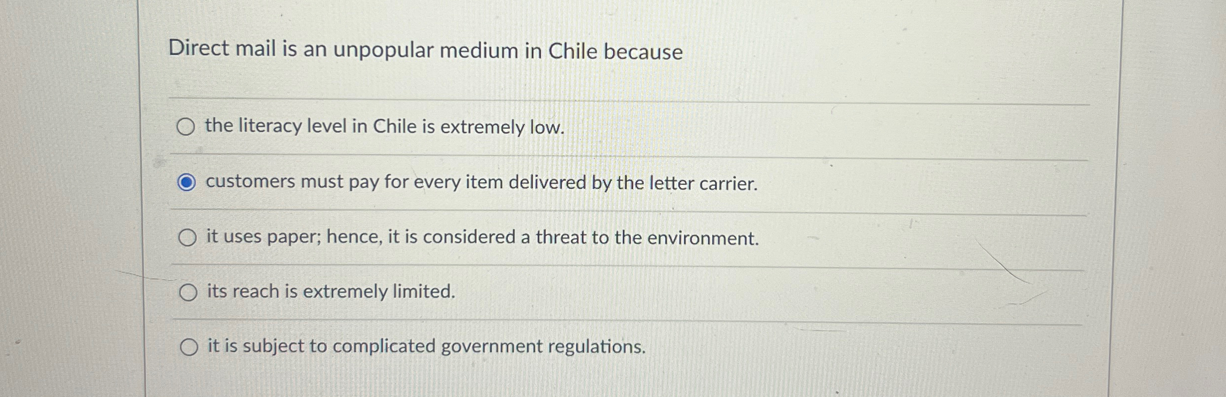 Solved Direct mail is an unpopular medium in Chile | Chegg.com