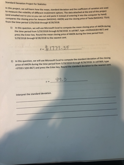 Solved Standard Deviation Project for Statistics In this | Chegg.com