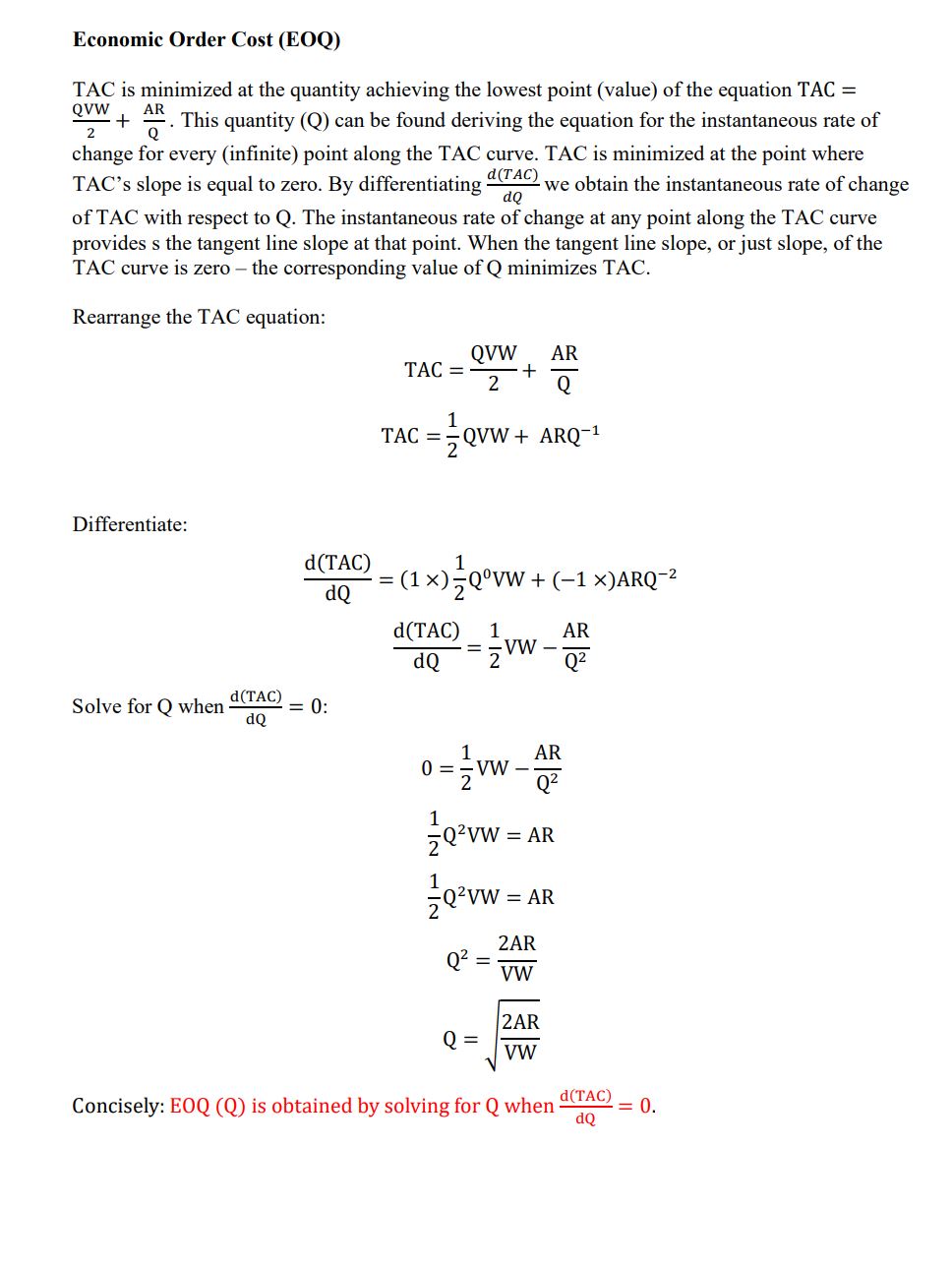 Solved Economic Order Cost (EOQ)TAC is minimized at the | Chegg.com