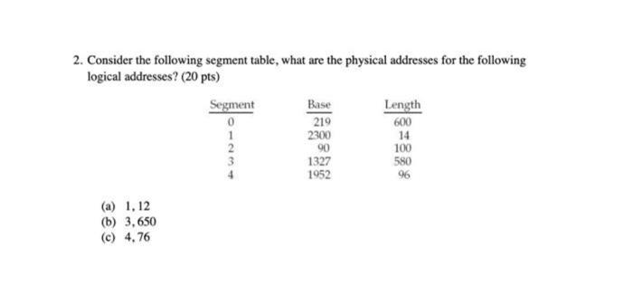 Solved 2. Consider the following segment table, what are the | Chegg.com