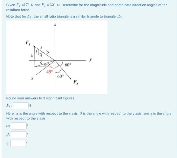 Solved Given F1=171 N and F2=321 N. Determine for the | Chegg.com