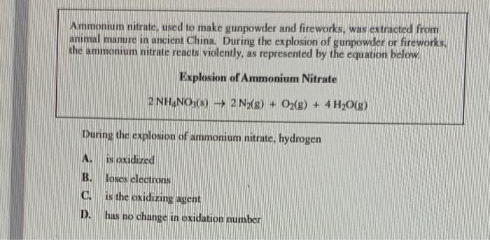 Solved Ammonium nitrate, used to make gunpowder and | Chegg.com
