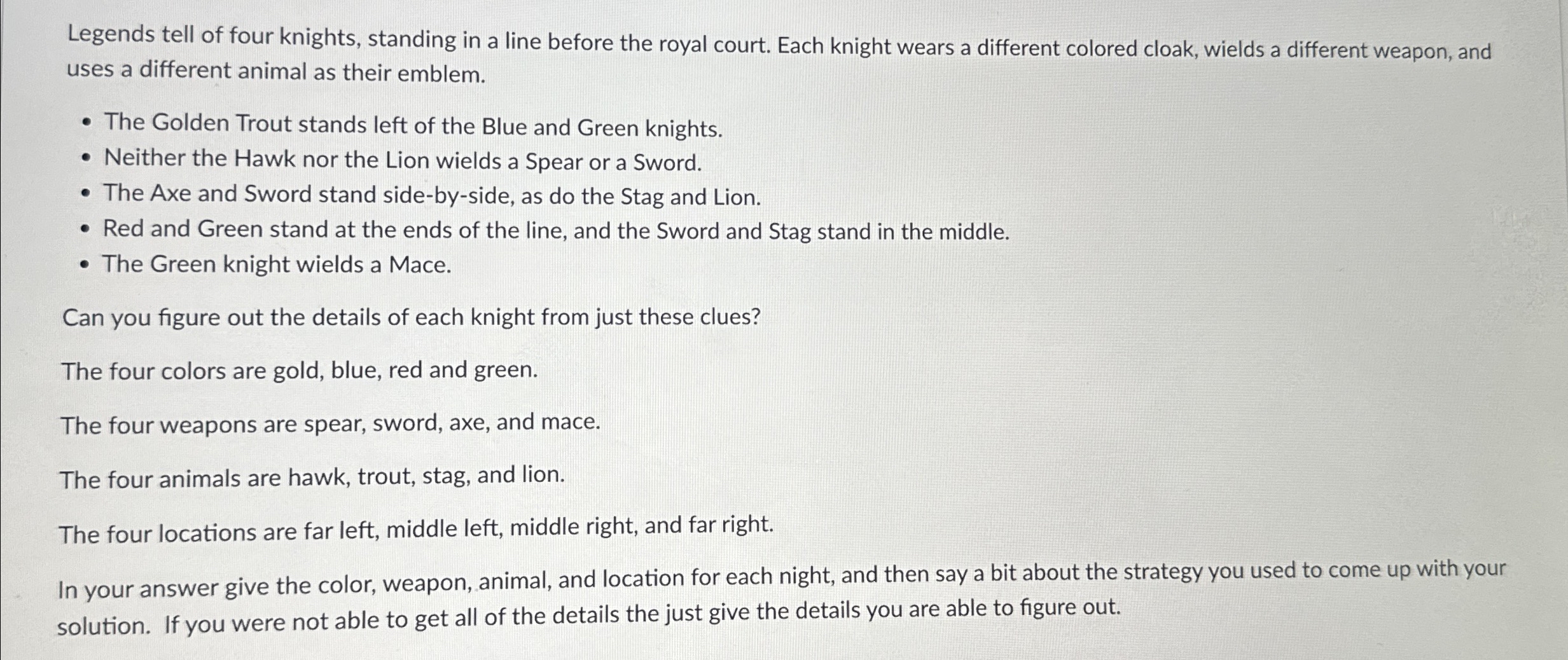 Legends tell of four knights, standing in a line | Chegg.com